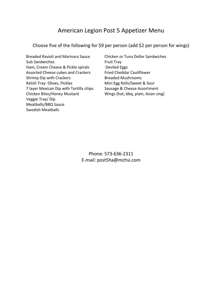 Menus - The American Legion Famly