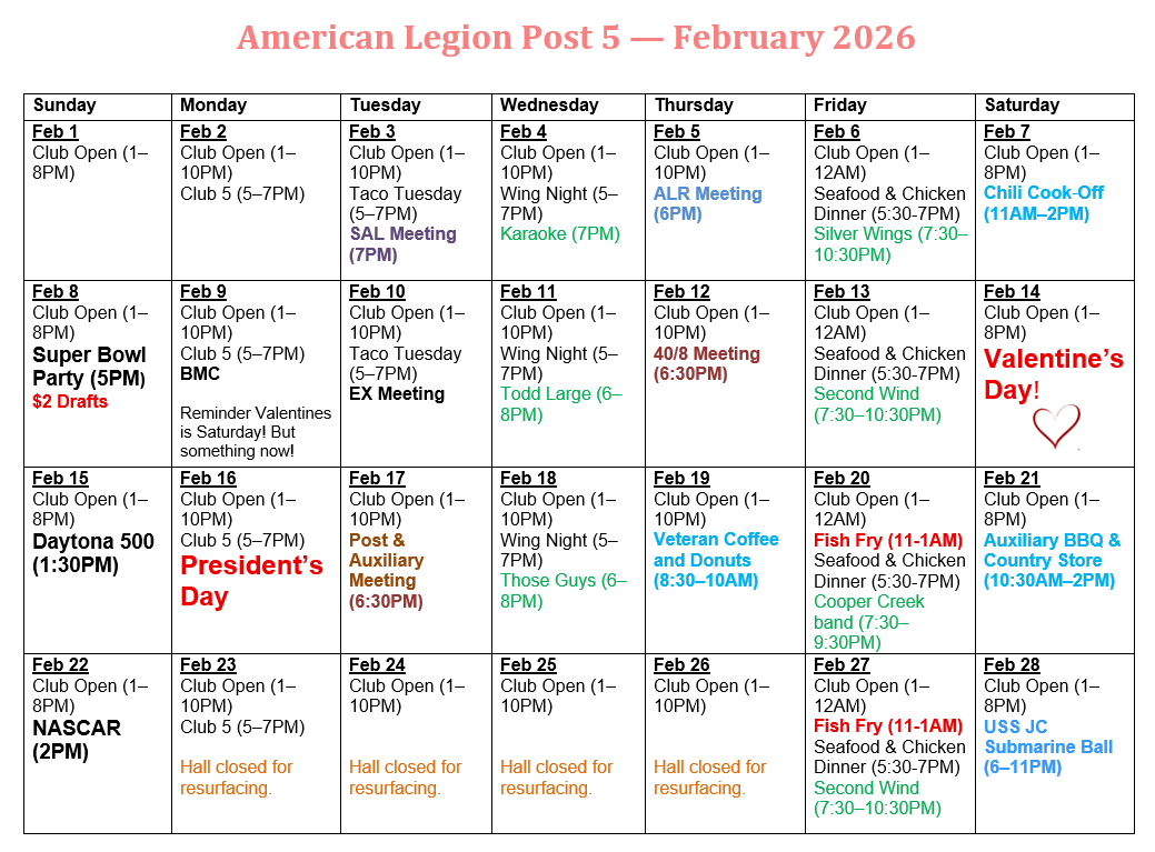 Calendar - The American Legion Famly